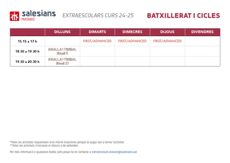 24 25 Horaris Extraescolars BAT I Cicles | PDF