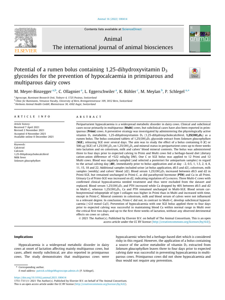 Potential of a Rumen Bolus Containing 1 25 Dihydroxyvitamin D3 Glyco ...