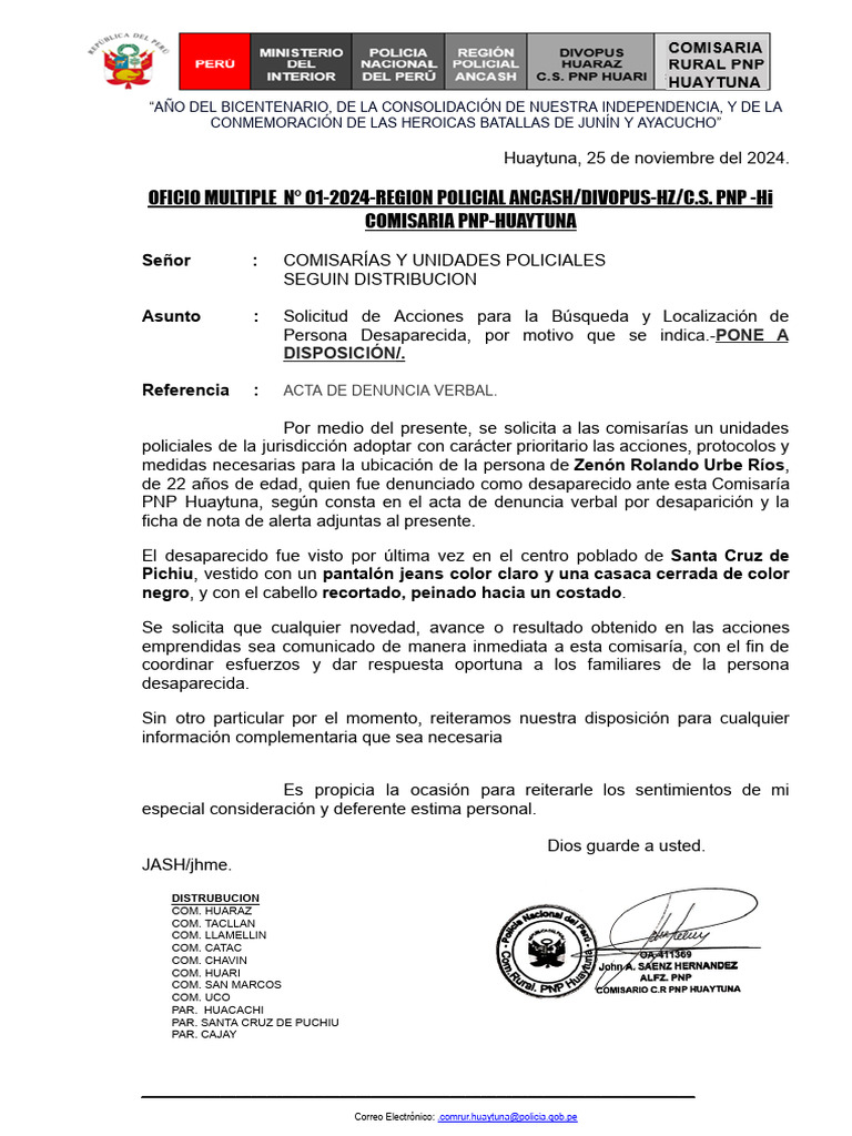 Oficio Solicitando A Las Comisarias Coadyuvar Con La Busquede de Persona Desaparecida | PDF