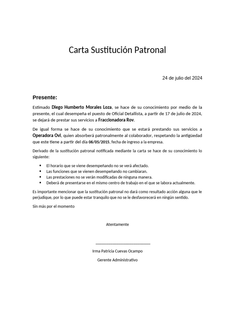 Carta Sustitución Patronal | PDF
