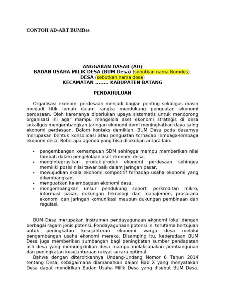Contoh AD ART BUM DESA | PDF