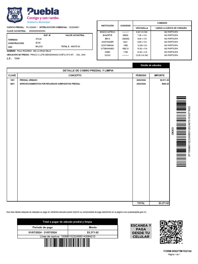Ejemplo de Cuenta Predial 2023/2024 | PDF | Bancario | Bancos
