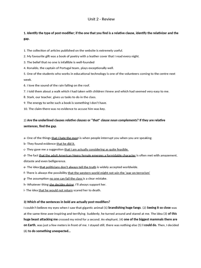 Post-Modifier and Clause Review Guide | PDF