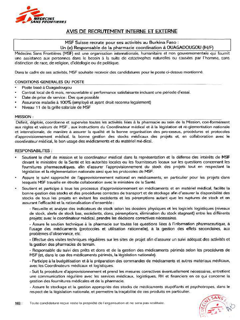 Avis recrutement Responsable Pharmacie Mission | PDF