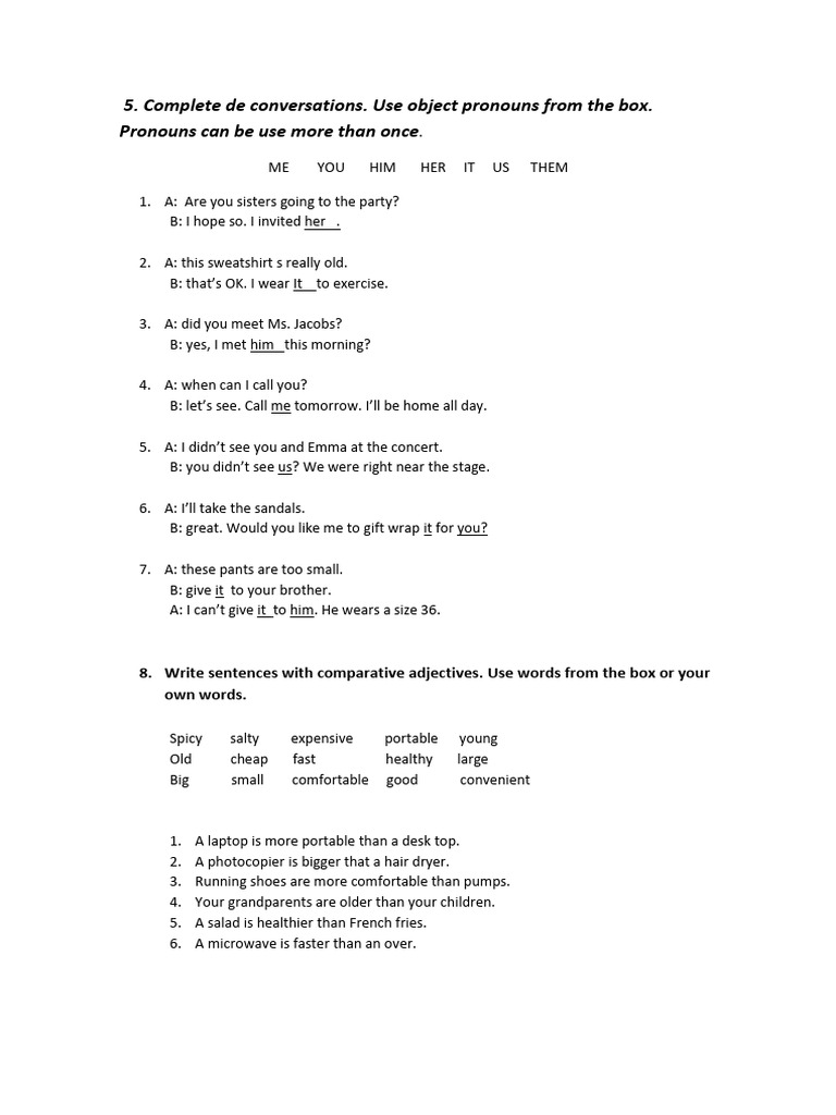Object Pronouns and Comparatives Practice | PDF | Softlines (Retail)