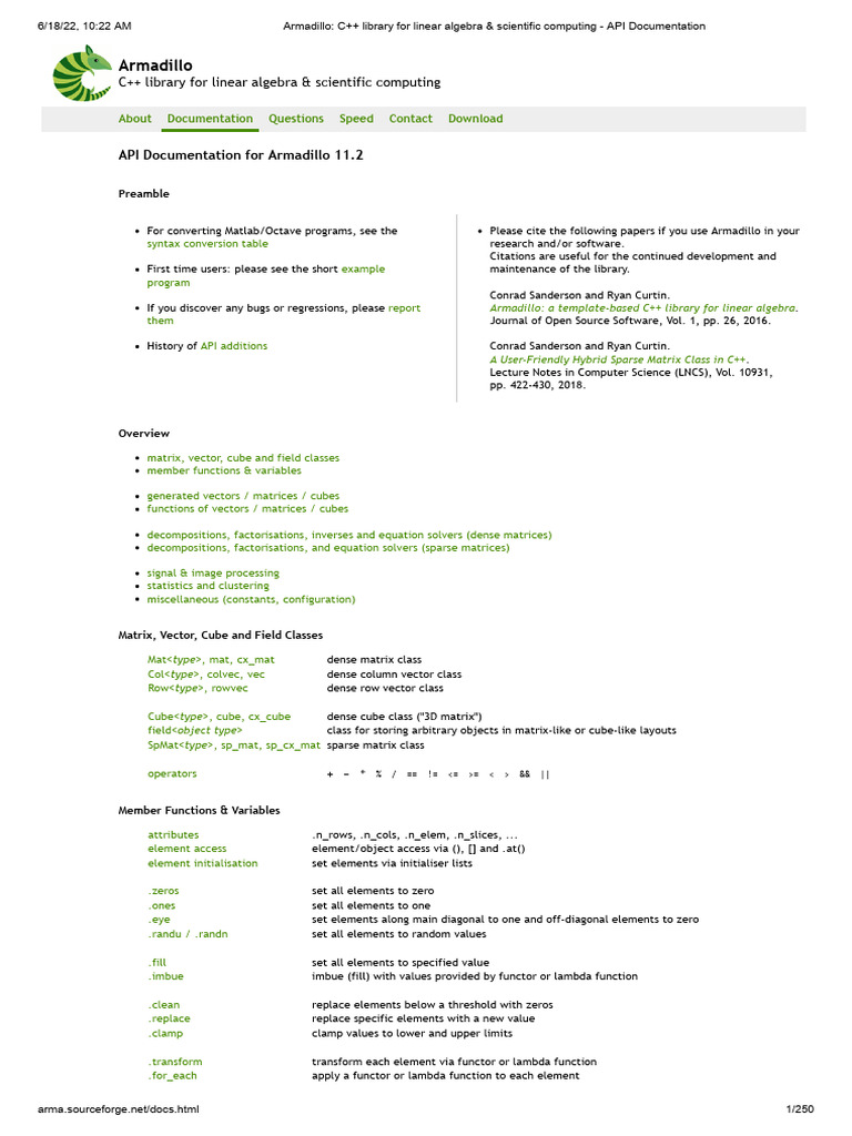 Armadillo - C++ Library For Linear Algebra & Scientific Computing - API ...