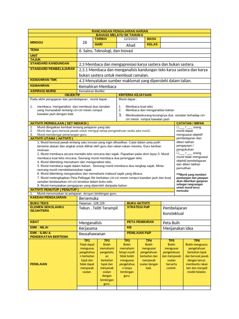 RPH Minggu 26 BM SK THN 6 2024 by Cikgu Gorgeous | PDF