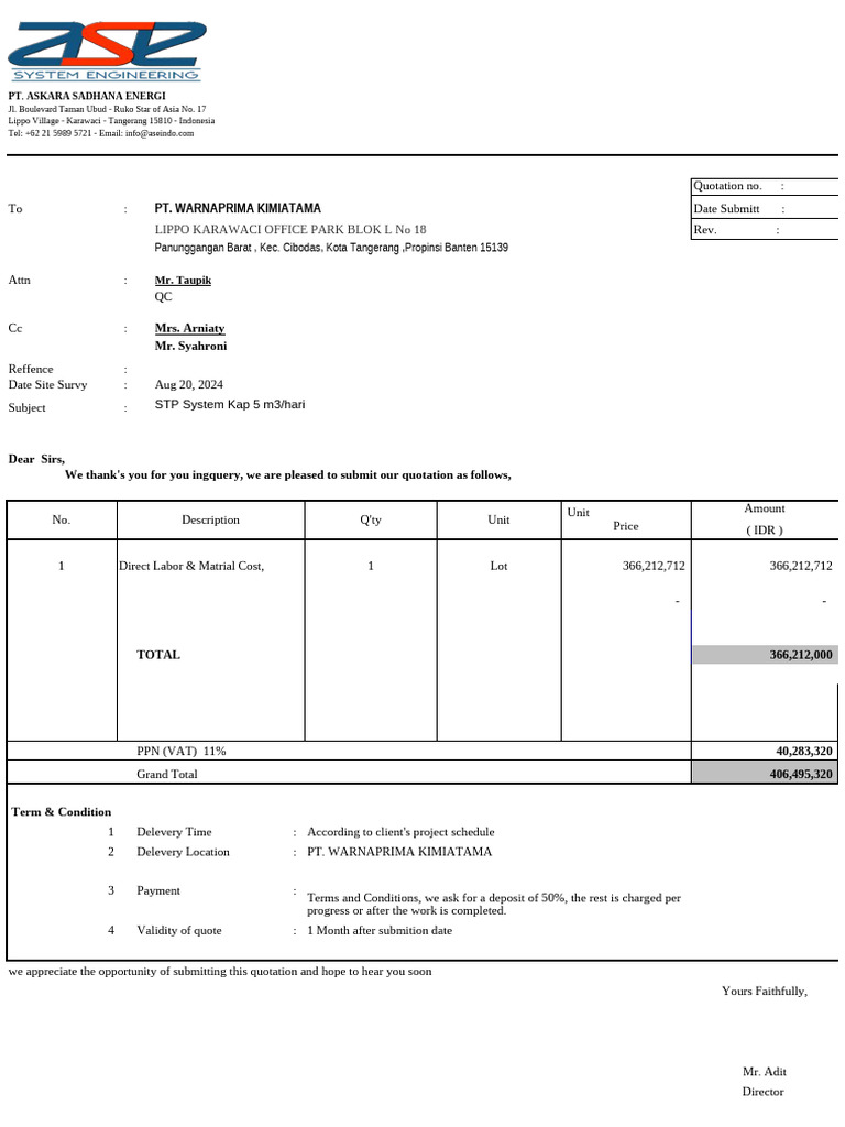 STP System Quotation for PT. Warnaprima | PDF