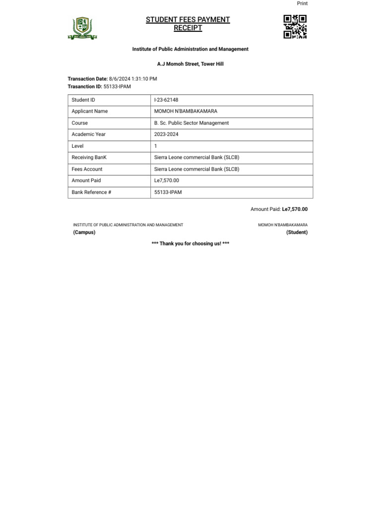 Student Fees Payment Receipt 2024 | PDF