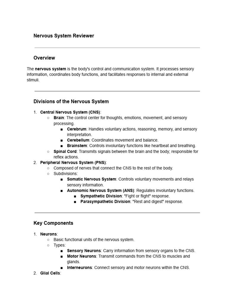 Nervous System Reviewer | PDF | Nervous System | Central Nervous System