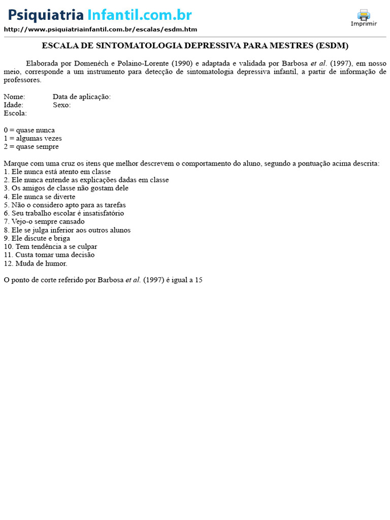 Escala de Sintomatologia Depressiva Para Mestres (ESDM) | PDF
