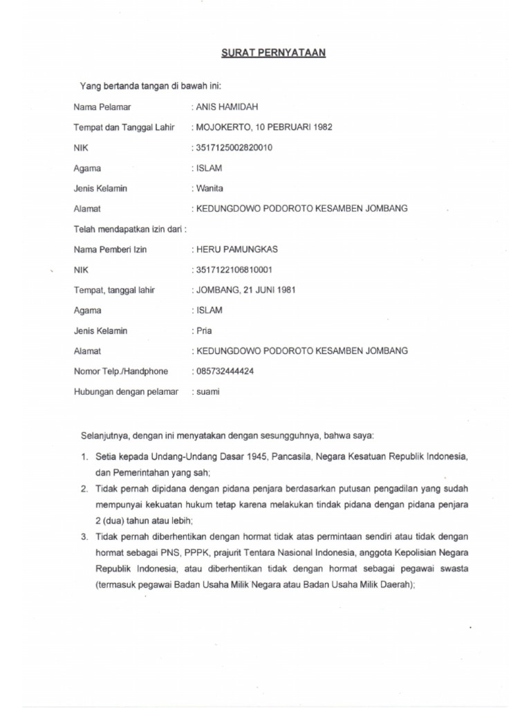 Surat Pernyataan Mbak Anis | PDF
