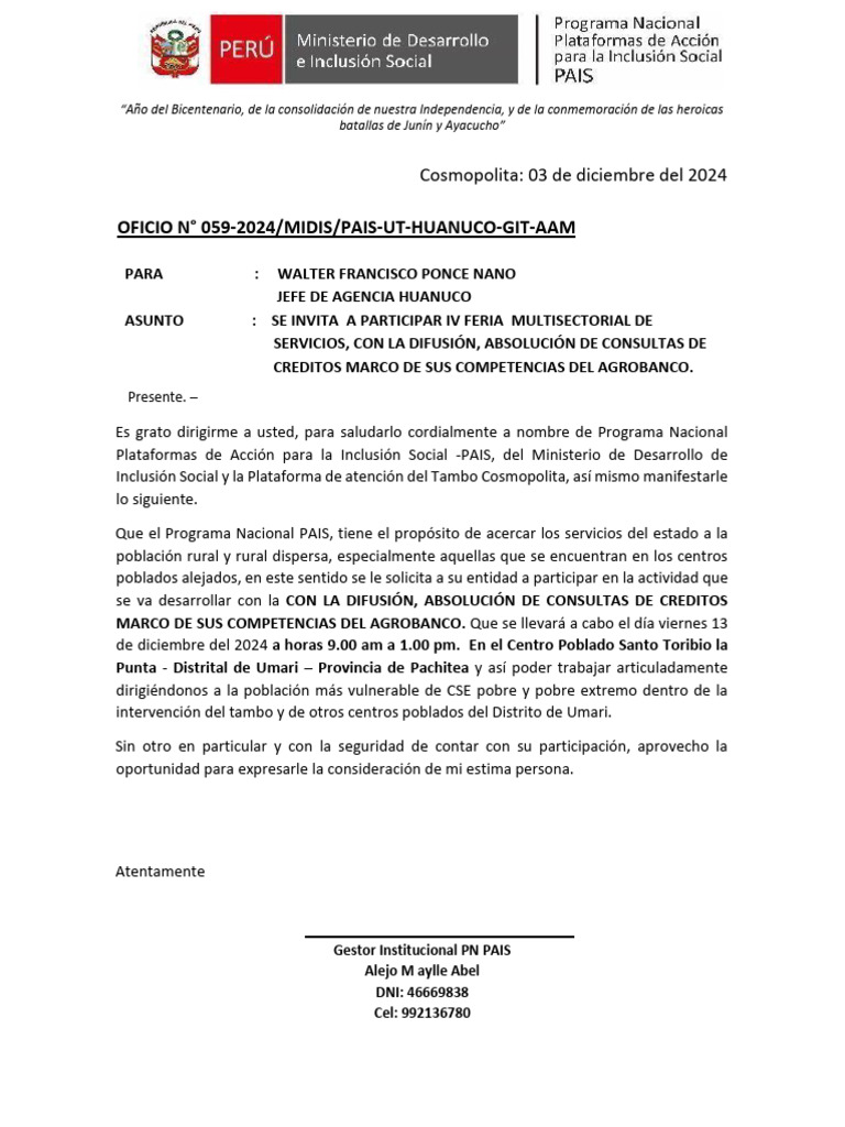 Oficio N 059 Agrobanco | PDF