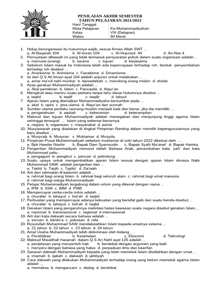 SOAL ASAJ KELAS 8 DAN 9 KEMUHAMMADIYAHAN (1) | PDF