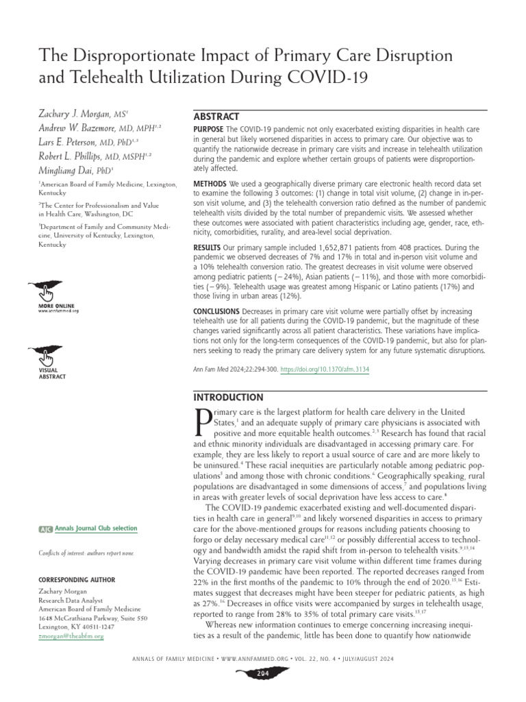 The Disproportionate Impact of Primary Care Disruption and Telehealth ...