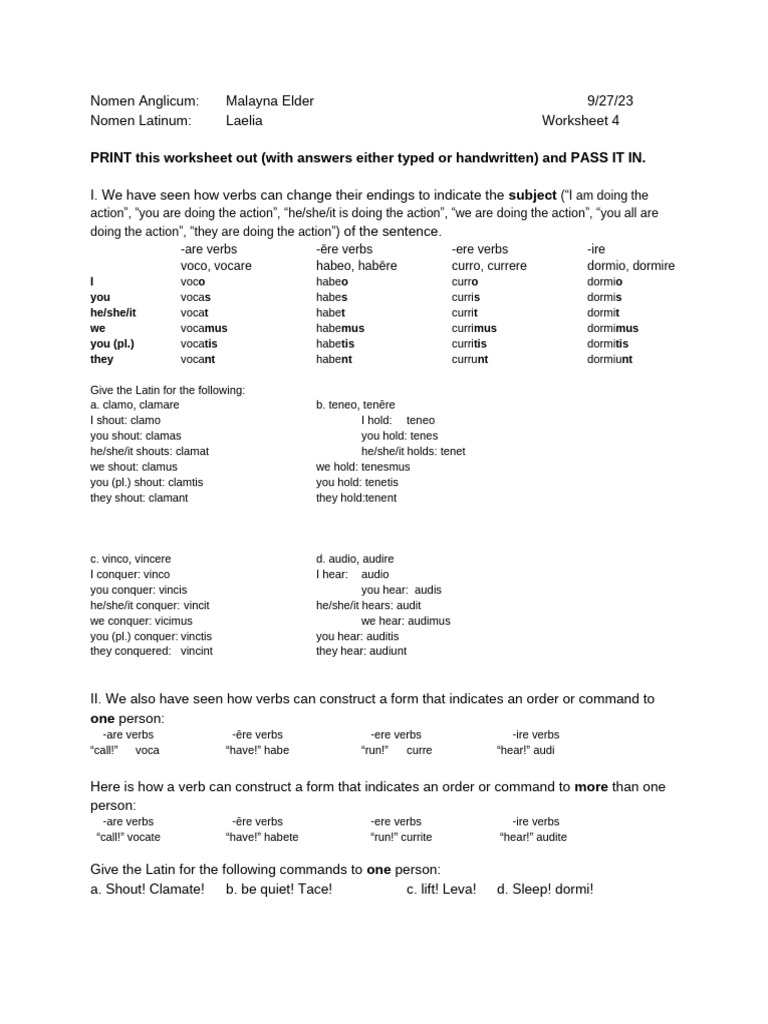 Worksheet 4 - LAT 101 | PDF | Linguistic Morphology | Semantics