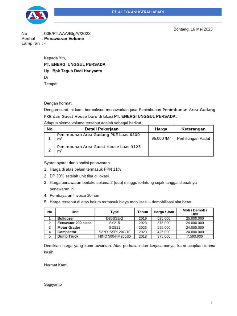 Penawaran Jasa Penimbunan PT. EUP | PDF
