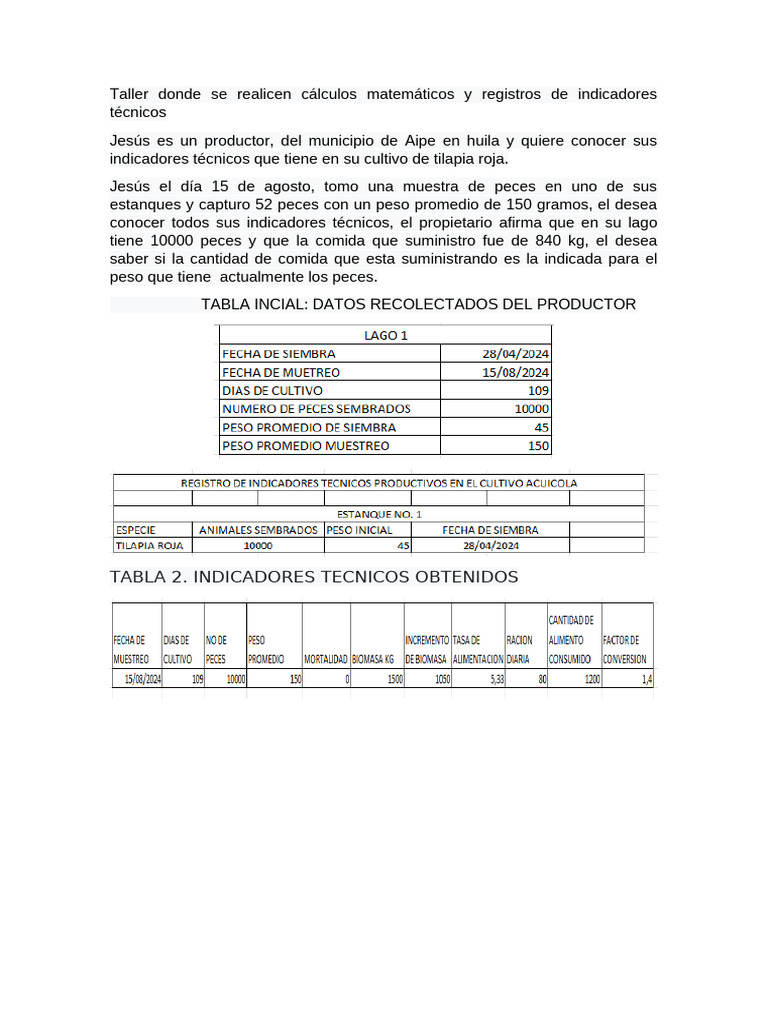 Taller donde se realicen cálculos matemáticos y registros de ...