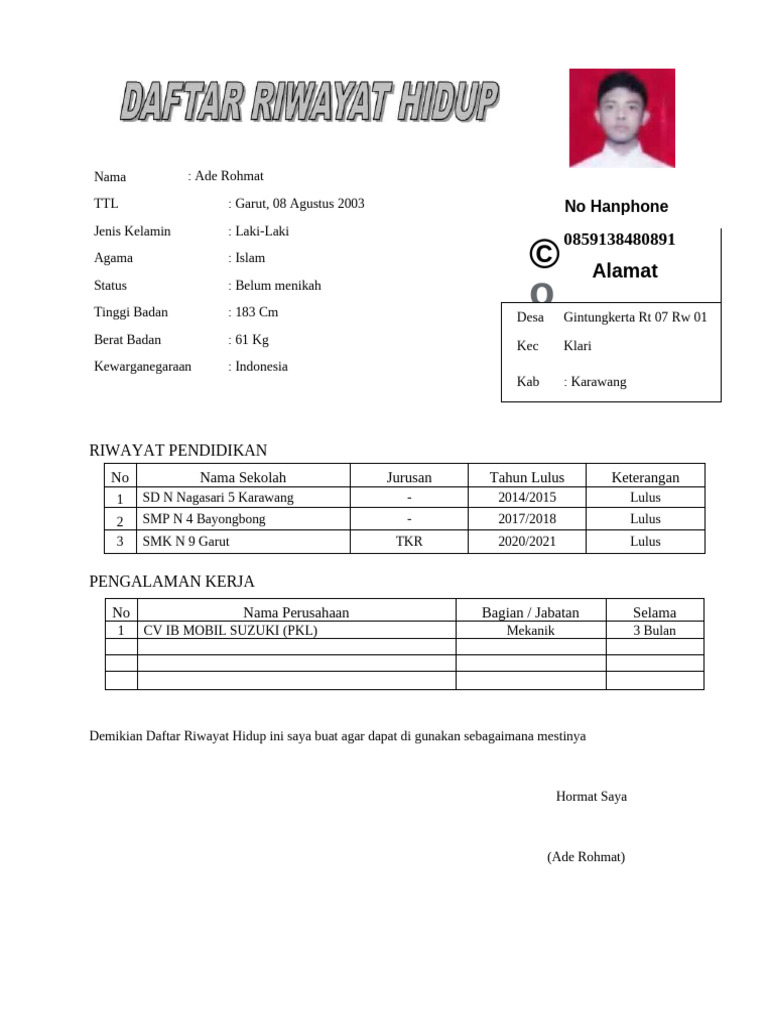 CV Ade Rohmat. | PDF