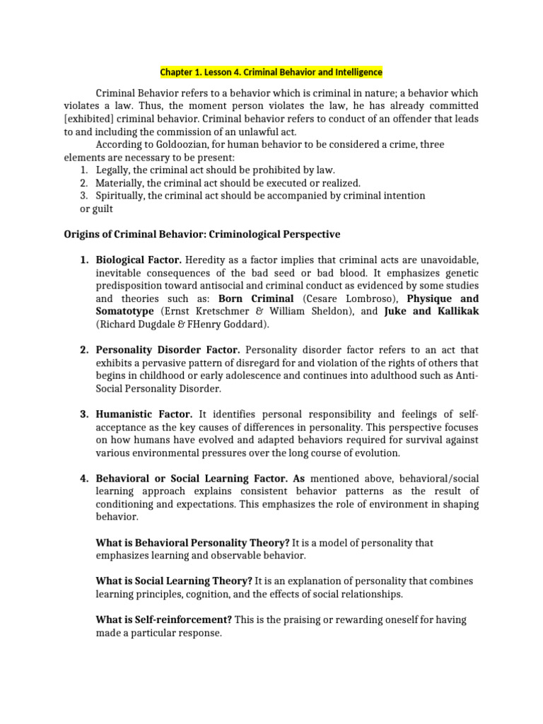 Chapter 1 Lesson 4 Criminal Behavior and Intelligence | PDF | Insanity ...