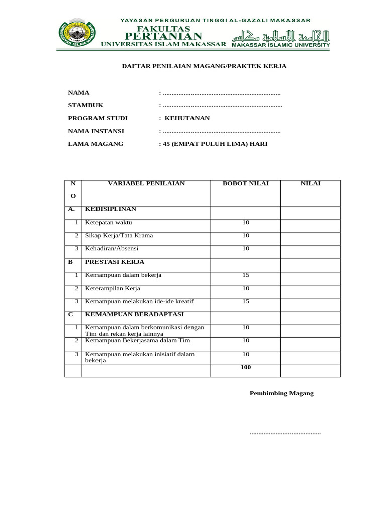 Daftar Penilaian Magang | PDF
