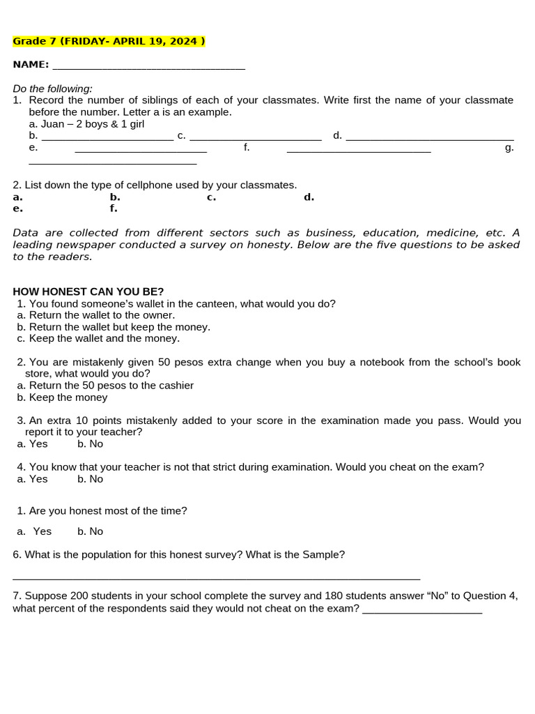 Grade 7-Day 4 | PDF | Experiment | Questionnaire