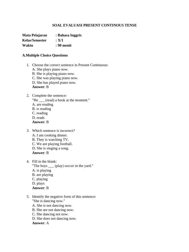 SOAL EVALUASI PRESENT CONTINOUS TENSE | PDF | Grammar | Linguistics