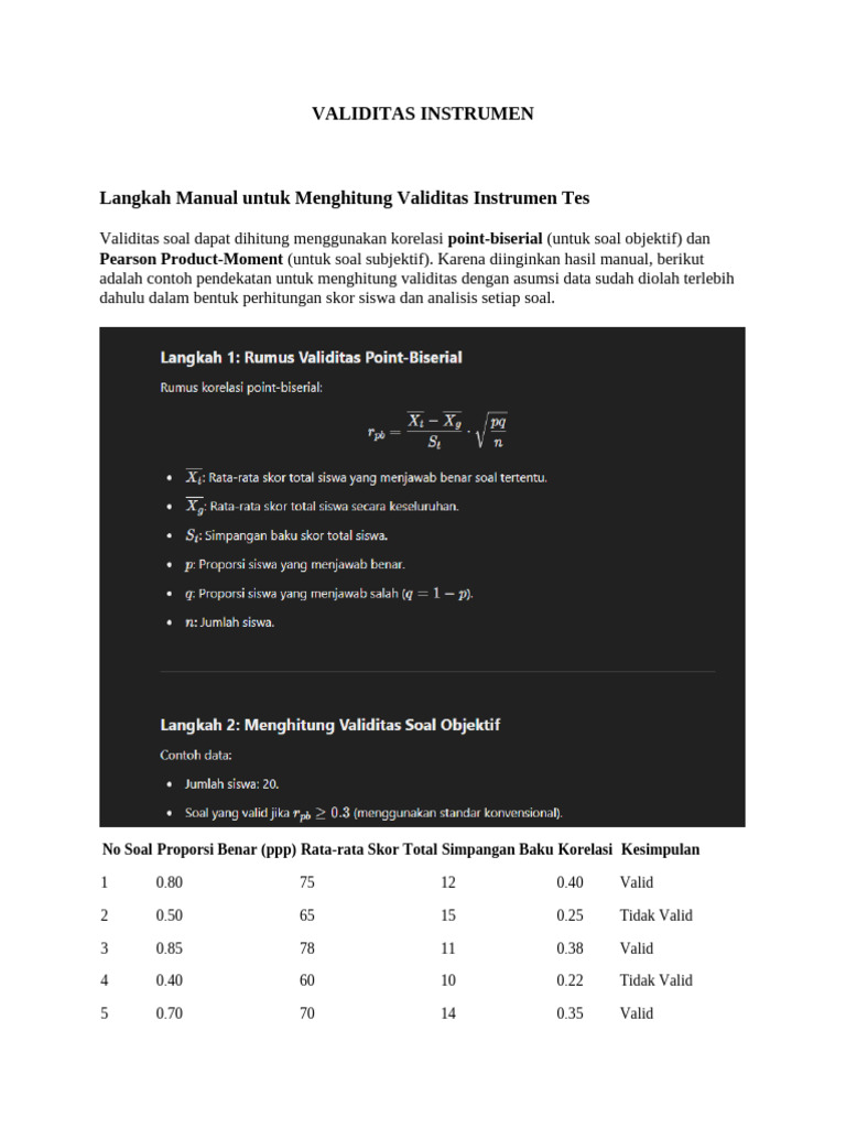 Cara Manual Hitung Validitas Instrumen Tes | PDF