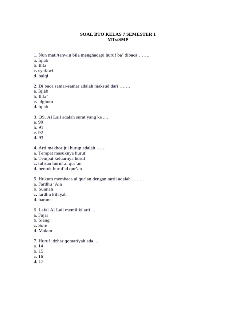 Soal Btq Kelas 7 Semester 1 | PDF
