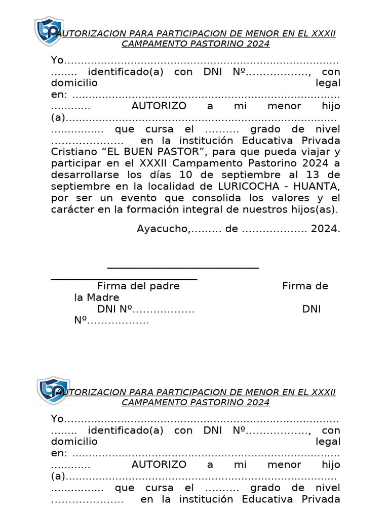 Autorizacion para Campamento 2024 | PDF