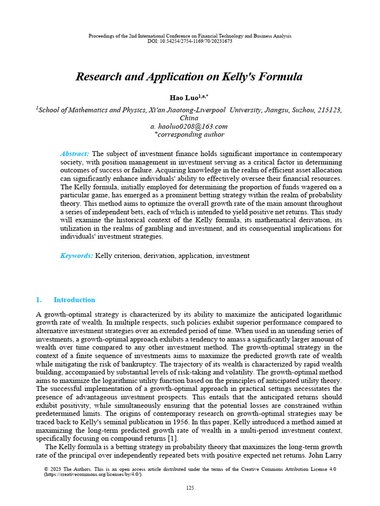 Research and Application On Kellys Formula | PDF | Gambling