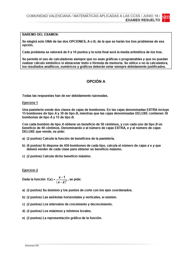 Examen Resuelto Matemáticas CCSS 2018 | PDF | Asíntota | Matemáticas ...