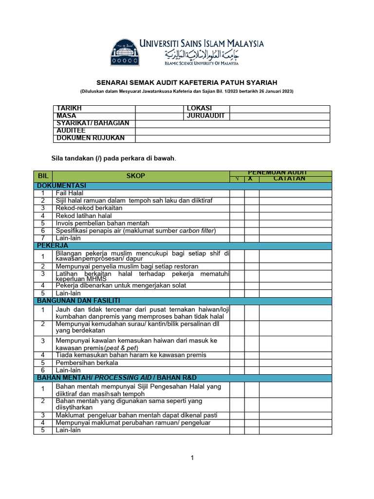 Borang Audit Kafeteria Patuh Syariah | PDF