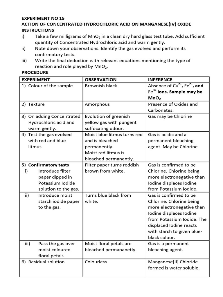Action of MnO2 On Conc. HCL | PDF | Chlorine | Iodine