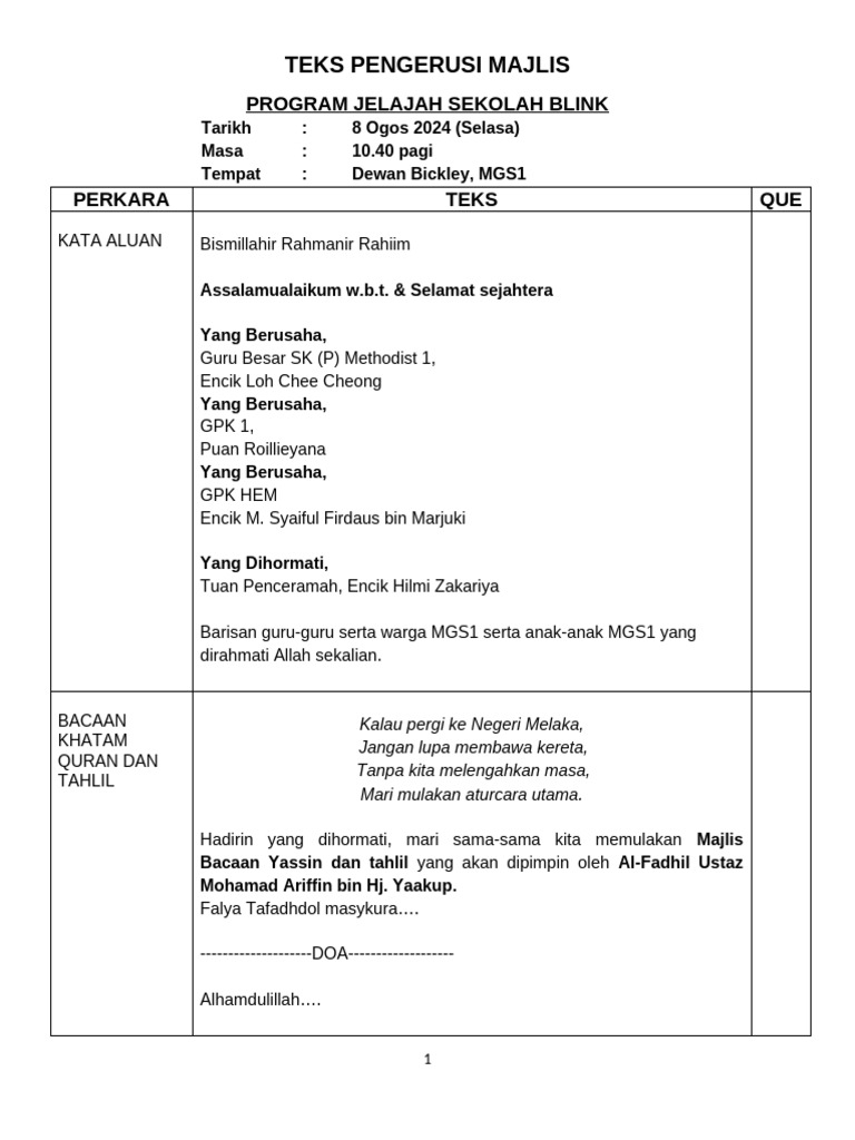 TEKS PENGERUSI MAJLIS - Program Jelajah Sekolah BLINK | PDF