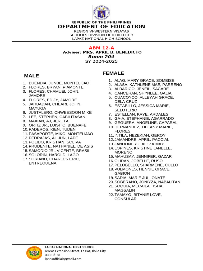 Class List Sy 2024 2025 | PDF