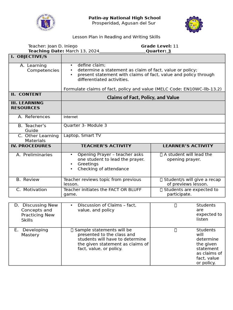 Grade 11 Lesson Plan: Claims in Writing | PDF | Teachers | Lesson Plan