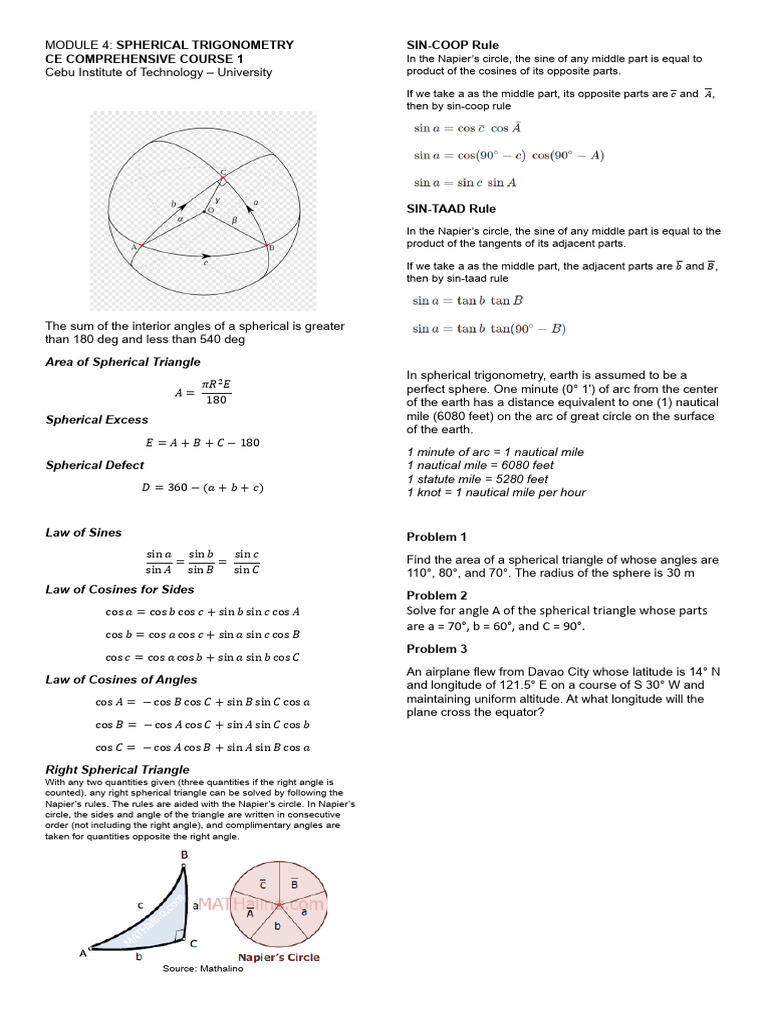 MODULE 4 Spherical Trigonometry | PDF | Sphere | Trigonometry