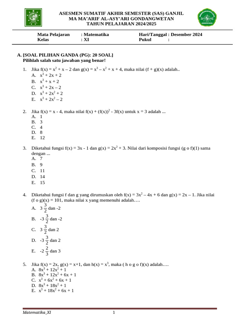Soal SAS MTK XI 24-25 MA | PDF