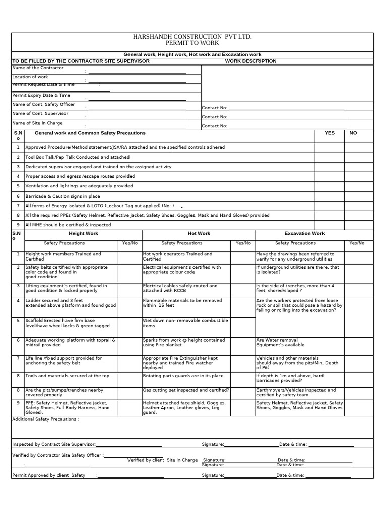 Excavation Work Permit Checklist | PDF | Personal Protective Equipment | Occupational Safety And ...