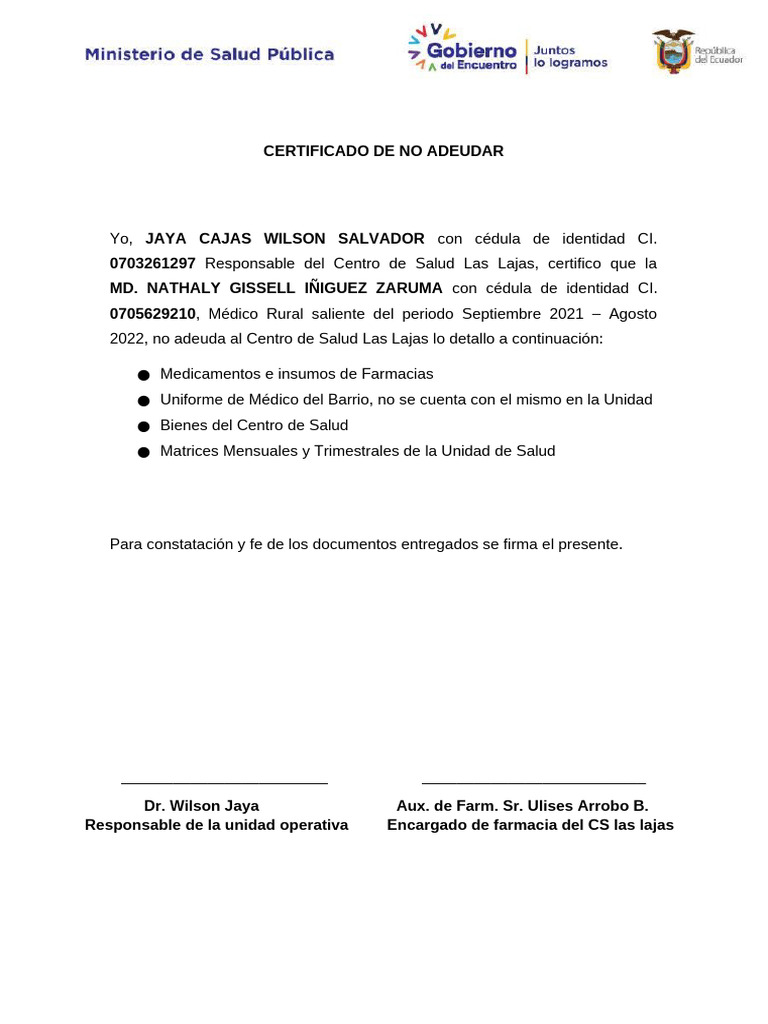 Certificado de No Adeudar Farmacia | PDF