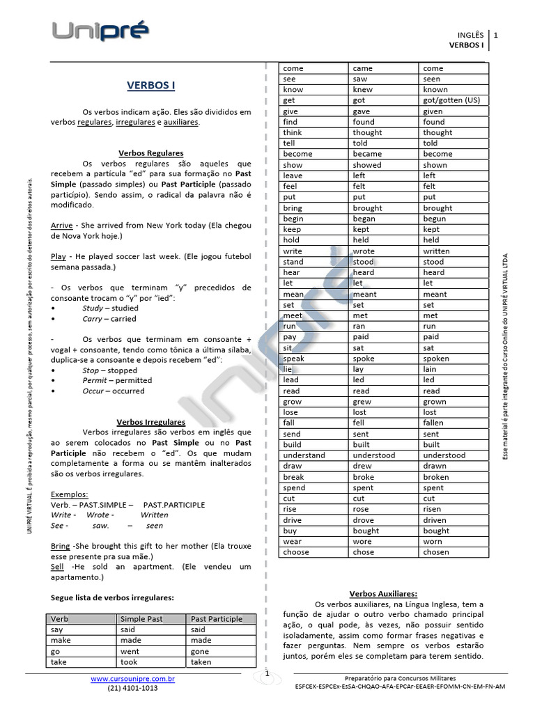 3 Nota de Aula - VERBOS NO PASSADO (REG IRREG) | PDF | Fonética ...