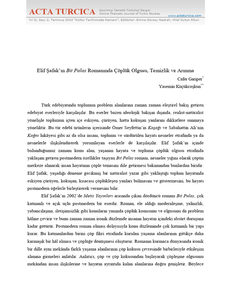 Elif Safak in Bit Palas Romaninda Copluk | PDF