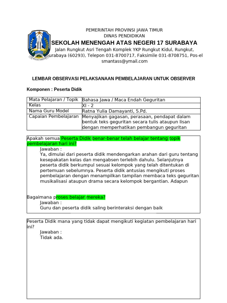 LEMBAR UNTUK OBSERVASI, BU RATNA | PDF