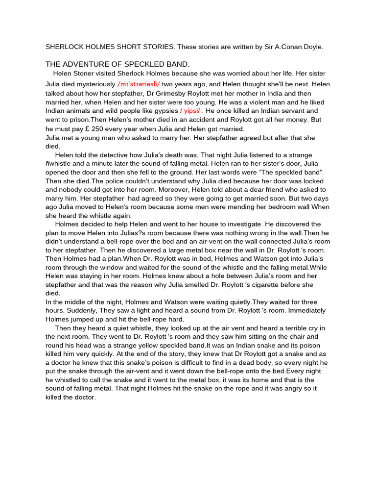 Sherlock Holmes Short Stories | PDF | The Adventure Of The Speckled ...
