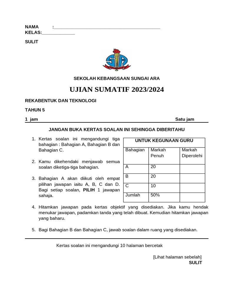 SOALAN RBT TAHUN 5 SKSA | PDF