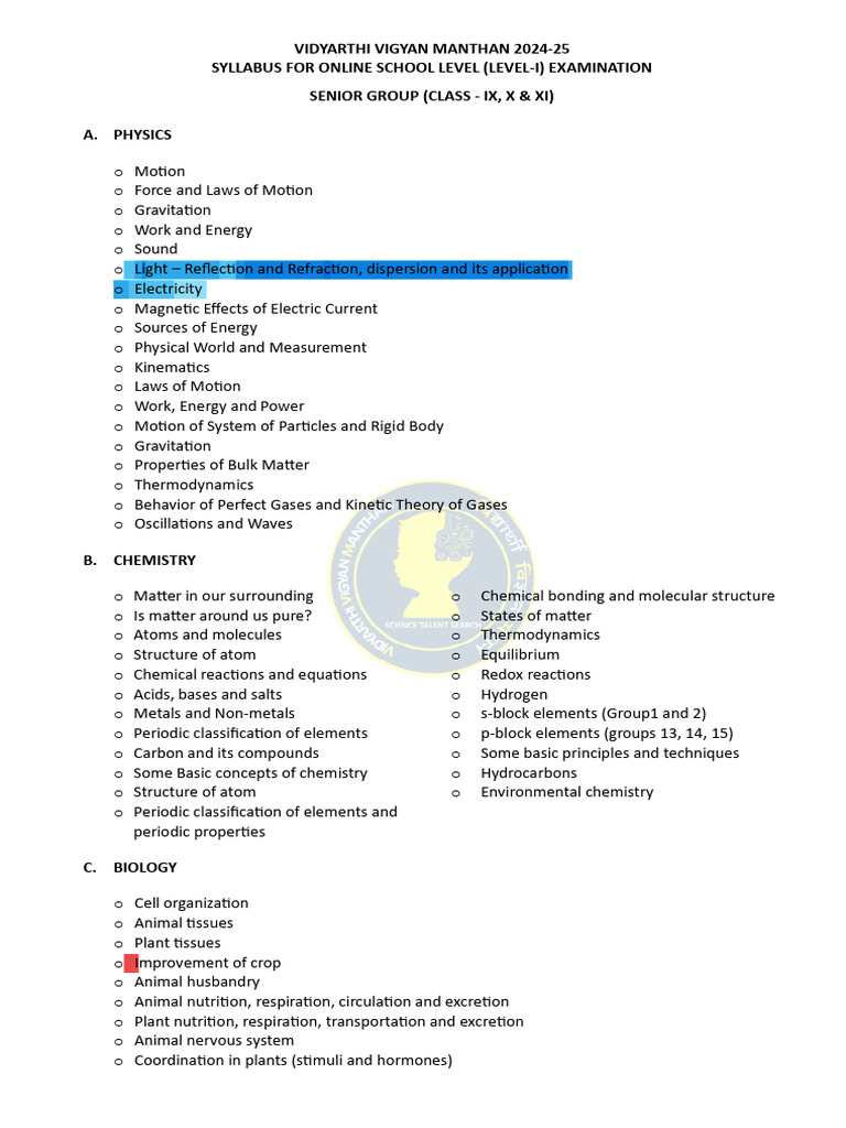 Final VVM 2024 25 Syllabus Senior Group | PDF | Chemistry | Chemical ...
