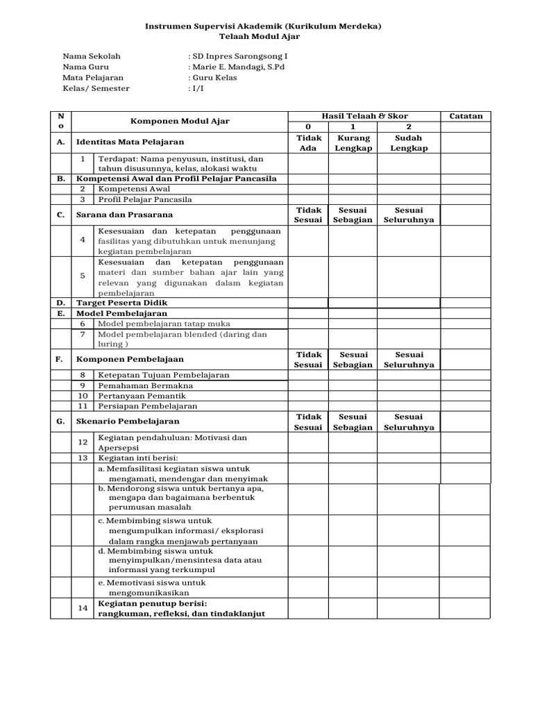INSTRUMEN SUPERVISI PENELAAHAN MODUL AJAR (1) | PDF