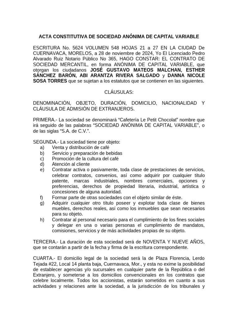 Acta Constitutiva de Sociedad Anónima de Capital Variable | PDF | Sociedad de responsabilidad ...