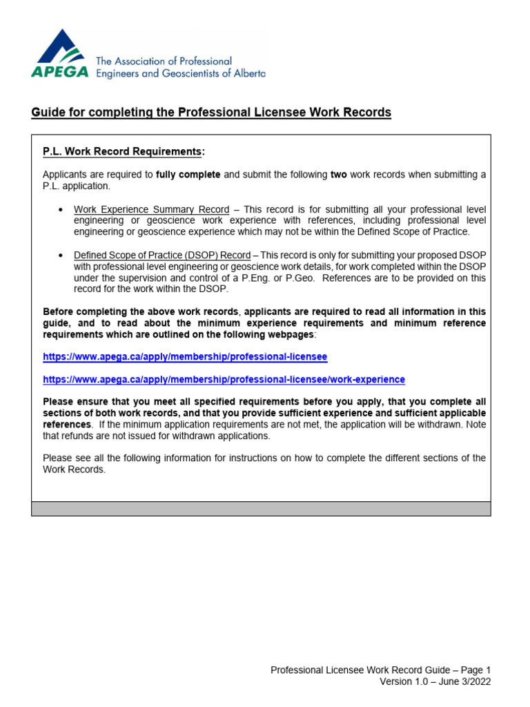 Guide For Completing The Professional Licensee Work Records | PDF | Specification (Technical ...